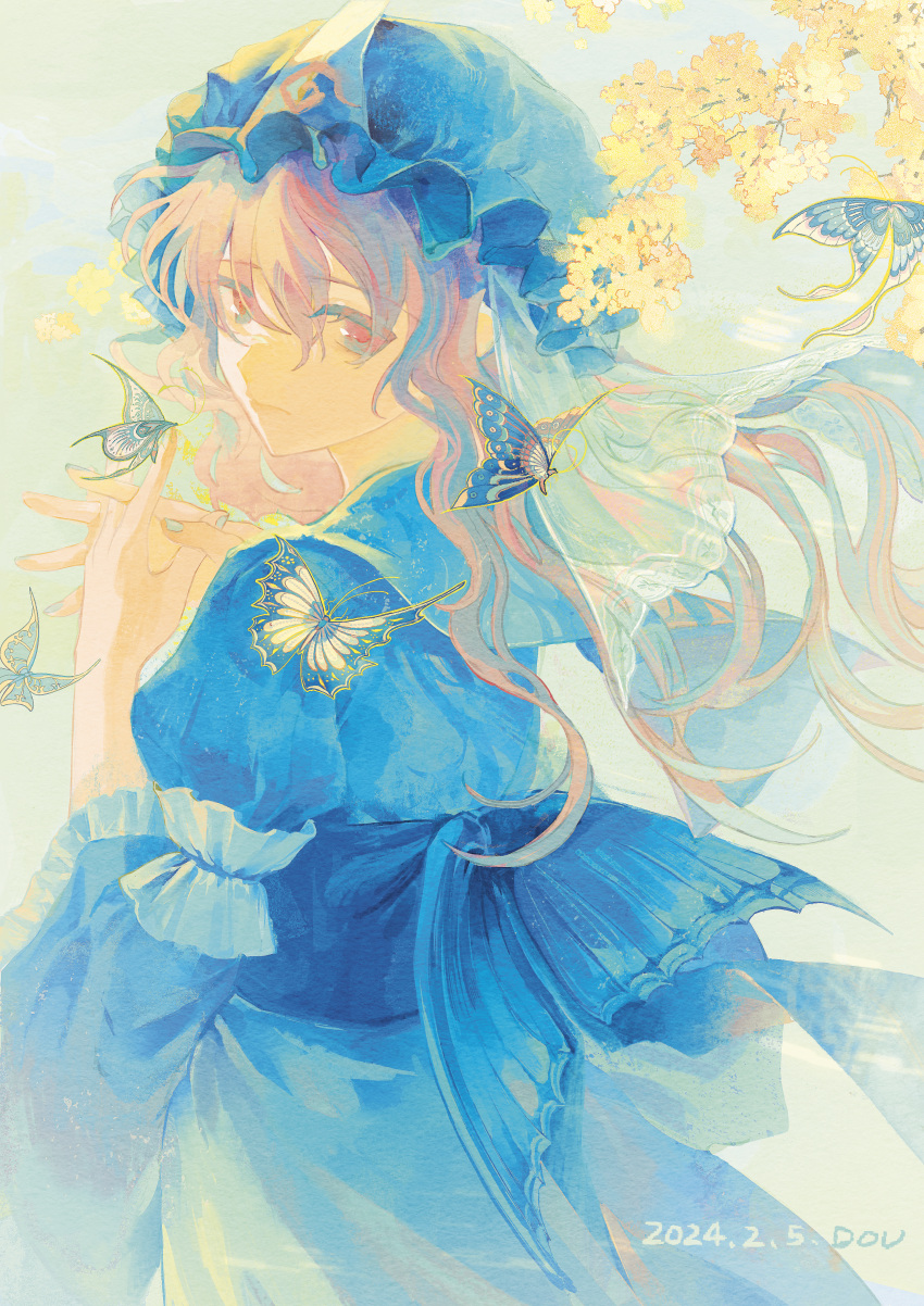 Safebooru - 1girl absurdres blue hat blue kimono bug butterfly closed mouth commentary request ...