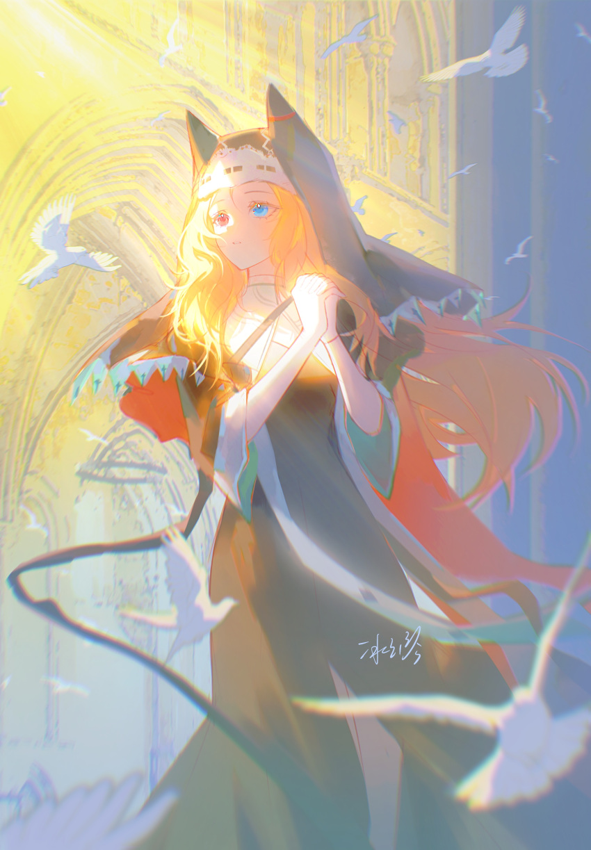 Safebooru - 1girl absurdres animal ear hairband animal ears arknights bingyuqin bird black dress ...