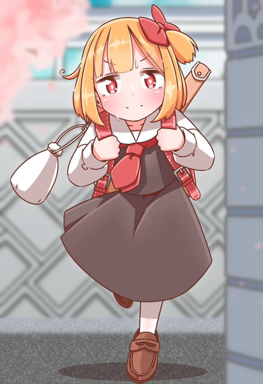 Safebooru - 1girl backpack bag blonde hair blurry blurry background blush bow commentary request ...
