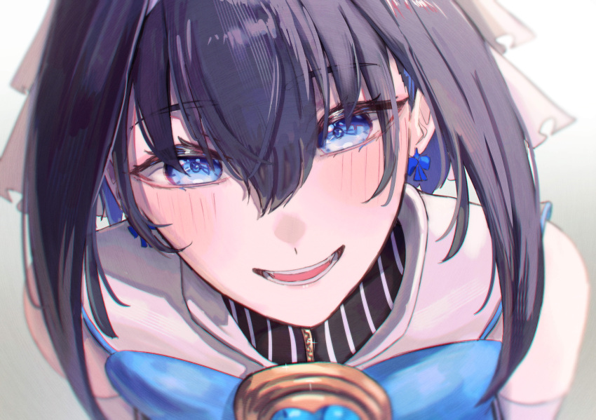 Safebooru - 1girl absurdres black hair blue bow blue eyes blue gemstone bow bow earrings close ...