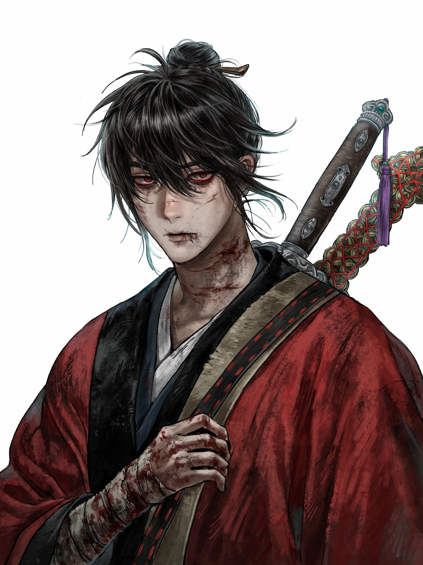 Safebooru - 1boy absurdres alternate hairstyle bags under eyes bandaged arm bandages black hair ...