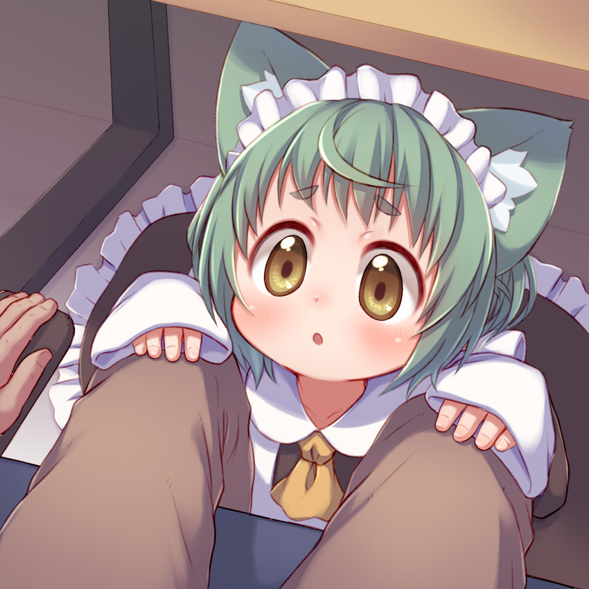 Safebooru - 1boy 1girl :o animal ear fluff animal ears apron ascot brown dress cat ears cat girl ...