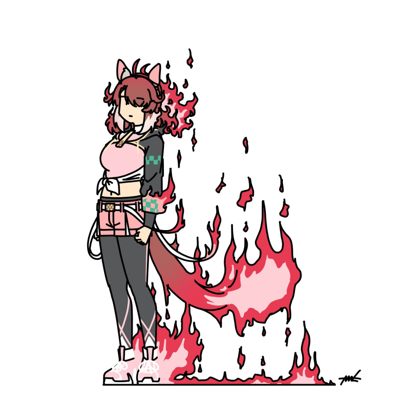 Safebooru - 1girl ahoge animal ears arms at sides belt black pants breasts brown hair clenched ...