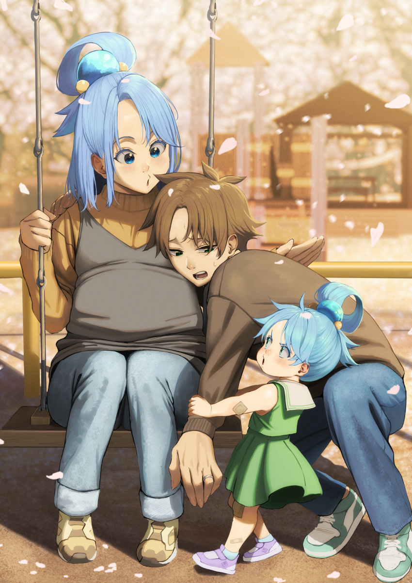 Safebooru - 1boy 2girls :o aqua (konosuba) blue eyes blue hair brown ...
