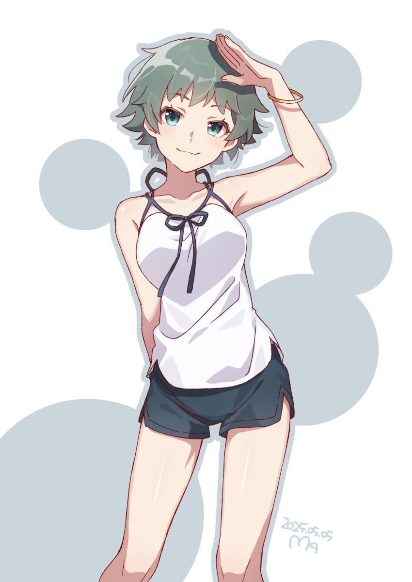 Safebooru - 1girl :3 absurdres arm behind back arm up bare shoulders black shorts blue eyes ...