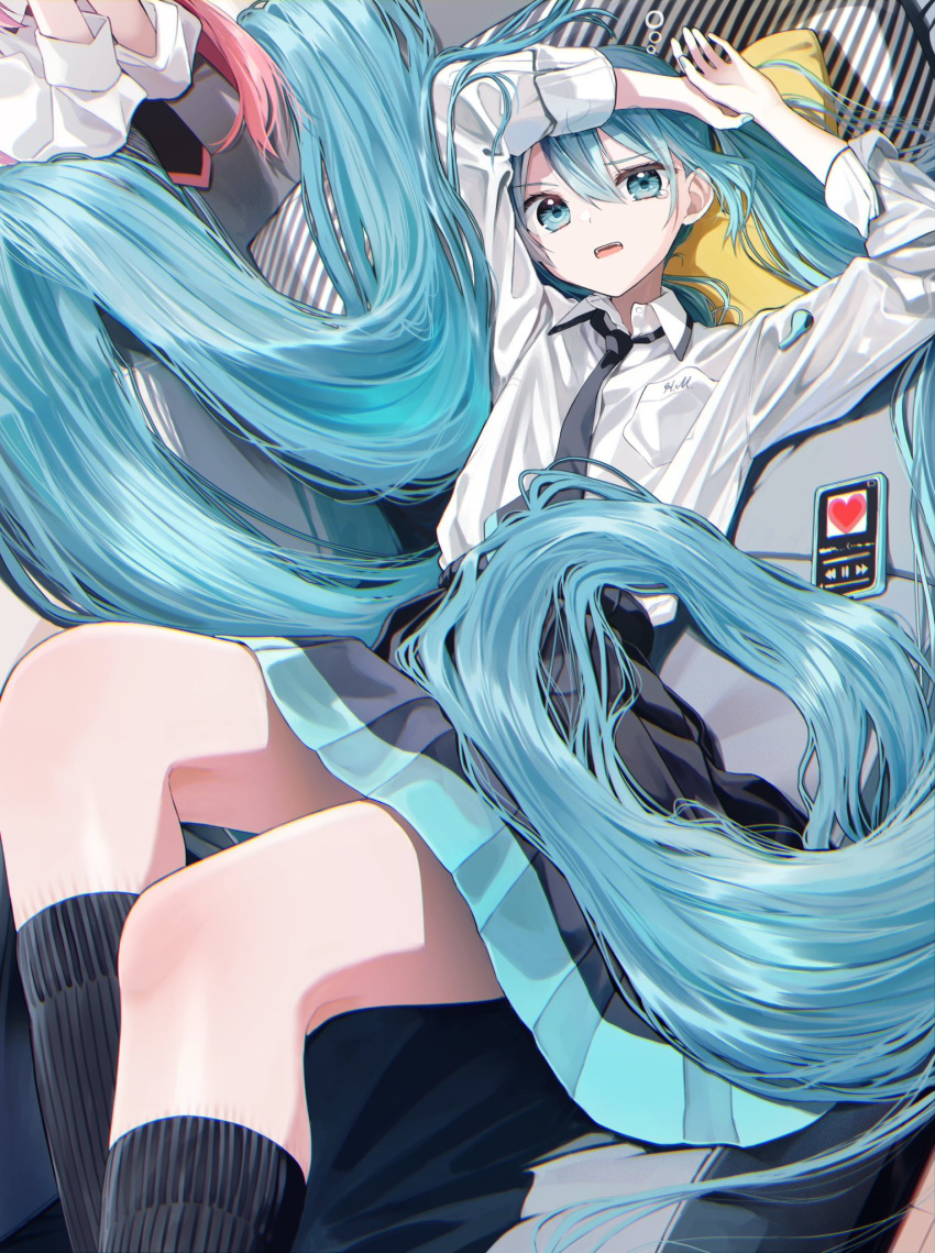Safebooru - 2girls arms up black necktie black skirt black socks blue eyes blue hair blue nails ...