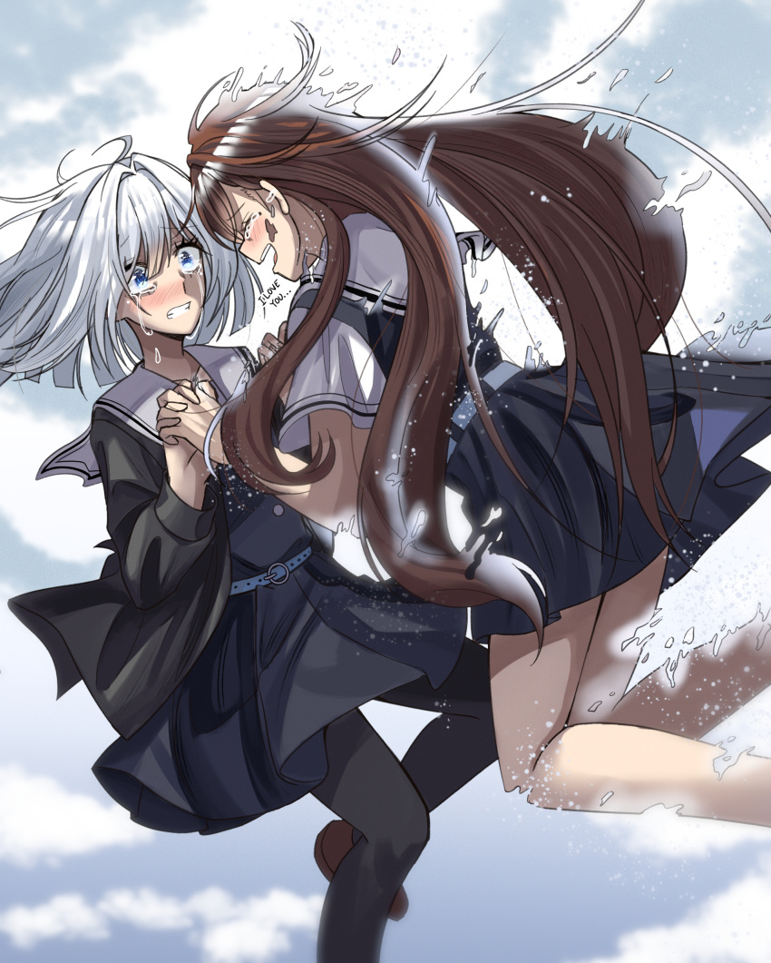 Safebooru - 2girls absurdres asaka kaori belt black dress black pantyhose blue eyes blush brown ...