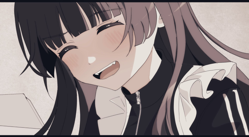 Safebooru - 1girl :d ^ ^ black jacket blush brown hair closed eyes commentary request facing ...