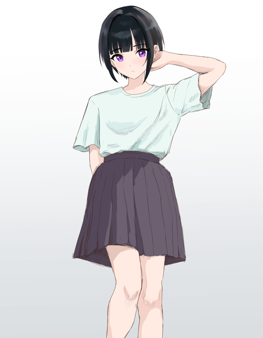 Safebooru - 1girl absurdres arm behind head bare legs black hair black skirt blunt bangs ...