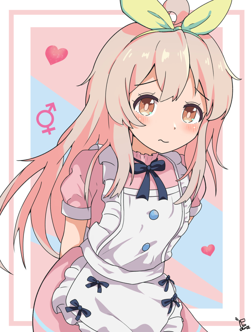 Safebooru - 1girl ahoge apron blonde hair blue bow blue ribbon blush bow brown eyes closed mouth ...