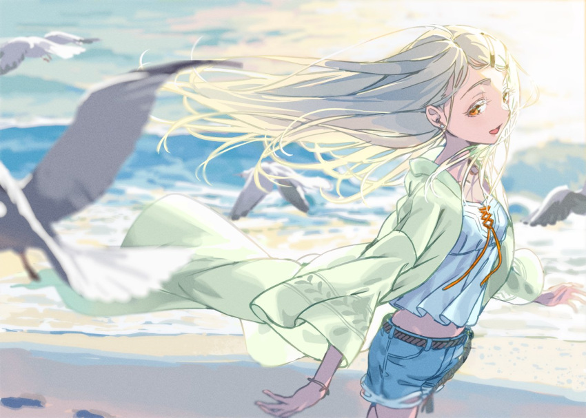 Safebooru 1girl Beach Bird Blonde Hair Bracelet Camisole Coat Colored 3557