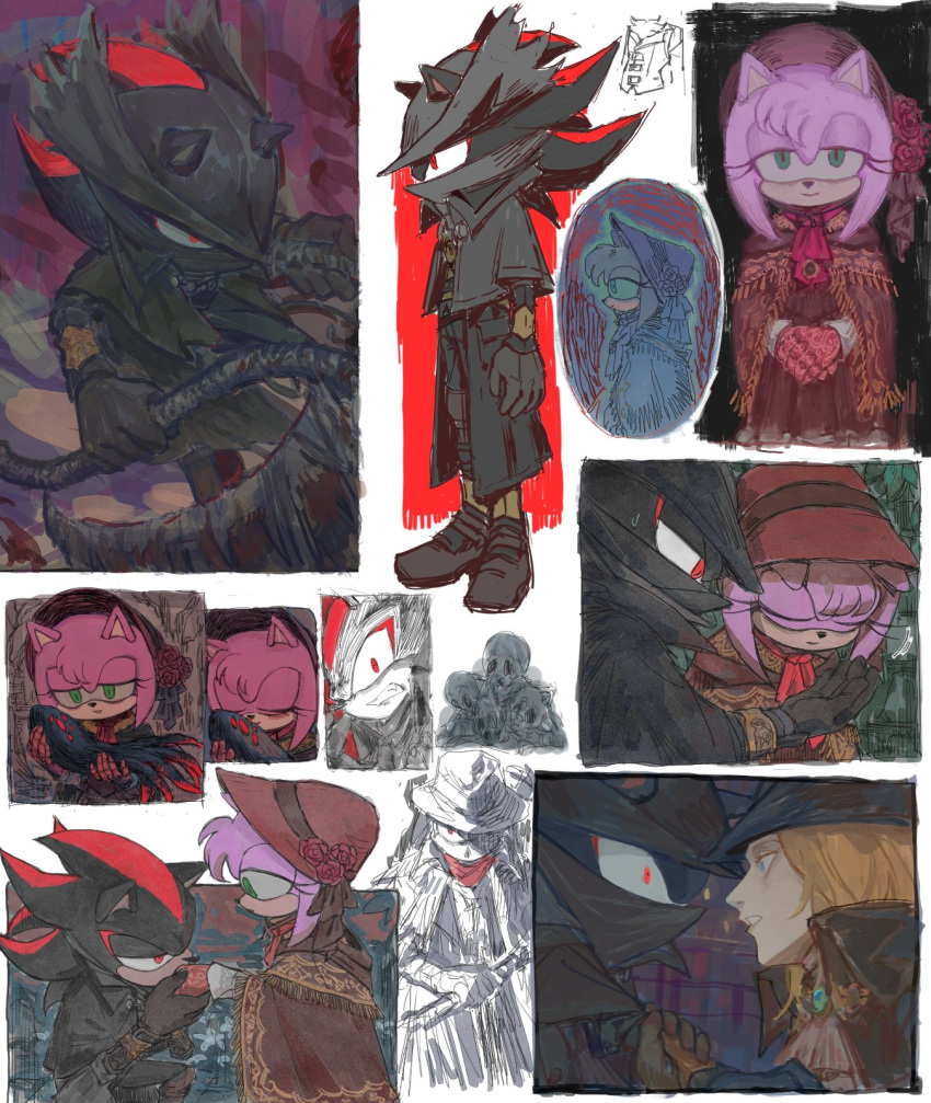 Safebooru - 2boys 2girls amy rose black coat bloodborne blue eyes bonnet clenched teeth cloak ...