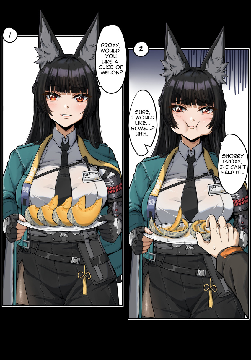 Safebooru - absurdres animal ears black necktie black skirt blunt bangs eating fingerless gloves ...