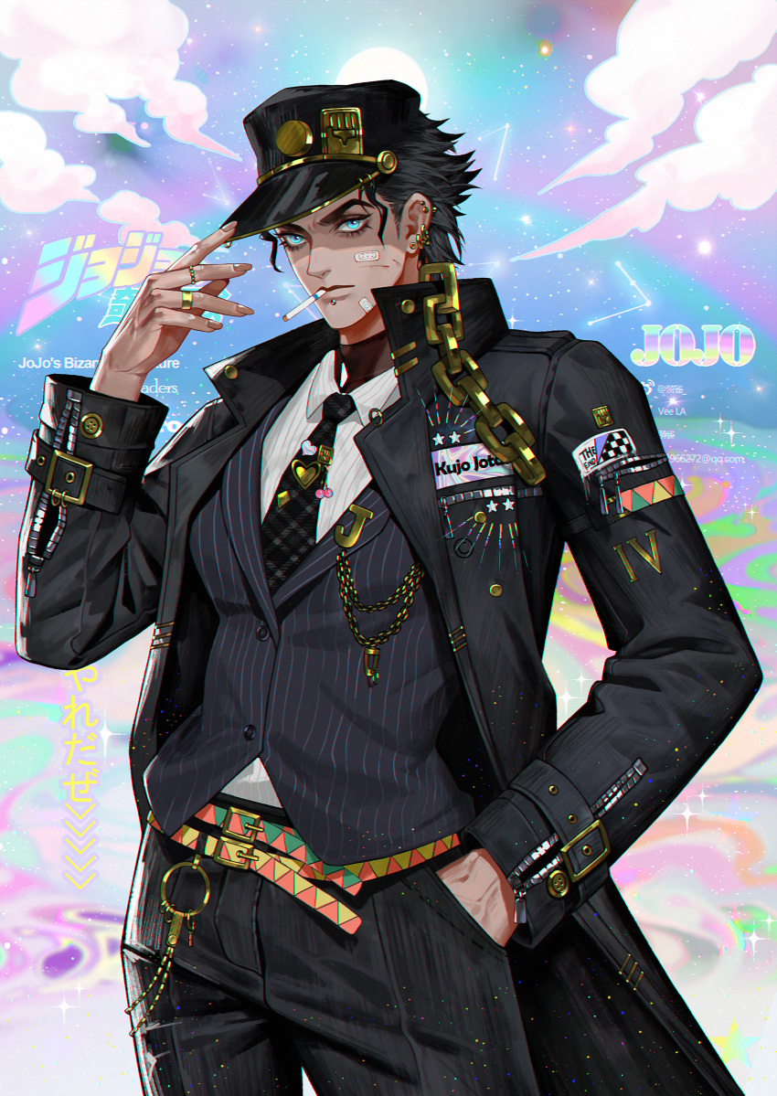 Safebooru - 1boy absurdres artist name belt black hair chain character name cigarette commentary ...