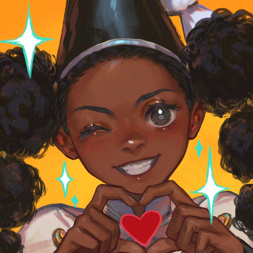 Safebooru - 1girl aubergrin black hair blush brown eyes curly hair dark skin heart heart hands ...