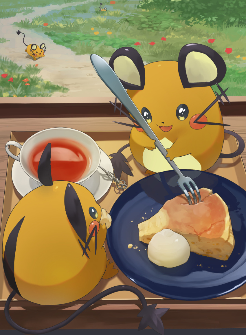 Safebooru - black eyes cheese commentary cup dedenne drink eating flower food fork grass highres ...