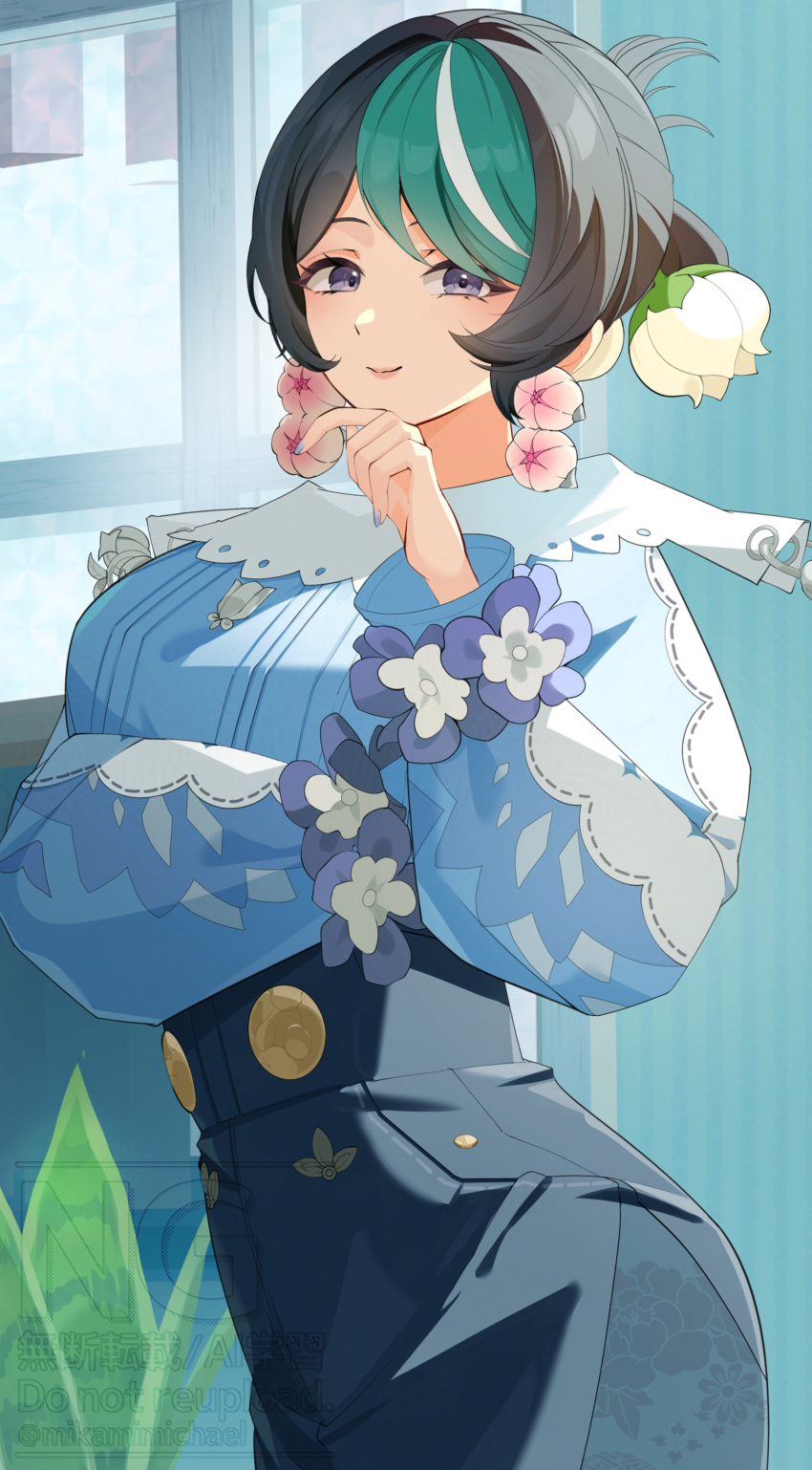 Safebooru - 1girl absurdres black hair blue shirt breasts cowboy shot earrings flower earrings ...