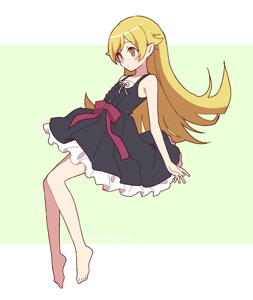 Safebooru - 1girl absurdres bare shoulders barefoot black dress blonde hair blush stickers ...
