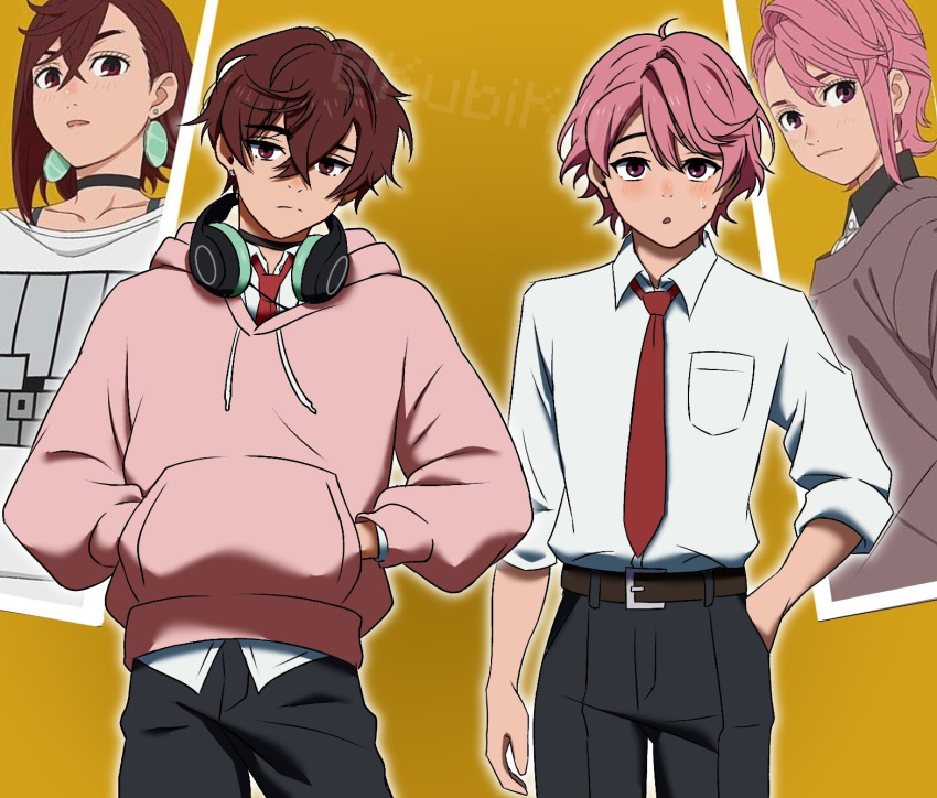 Safebooru - 2boys artist name ayase momo black choker black pants brown eyes brown hair choker ...