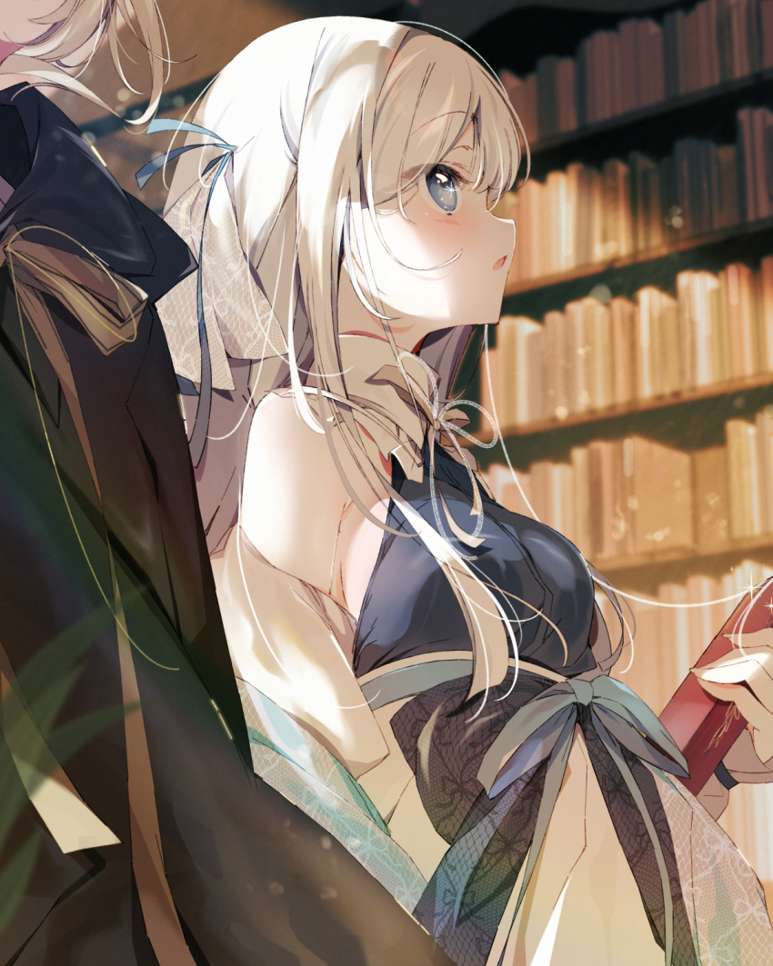 Safebooru - 1girl 1other black dress blonde hair blue eyes blush book bookshelf bow breasts ...