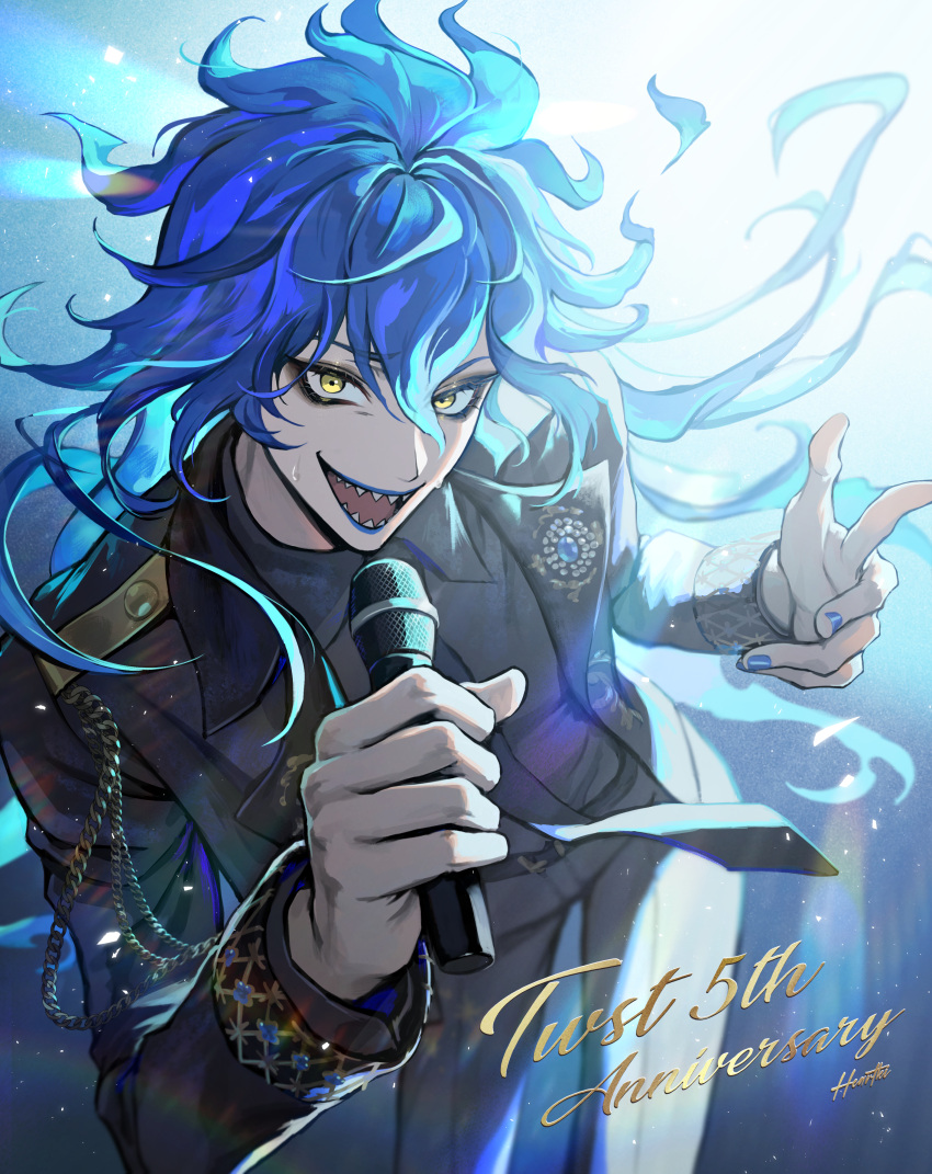 Safebooru - 1boy absurdres black jacket black necktie black pants blue background blue hair blue ...
