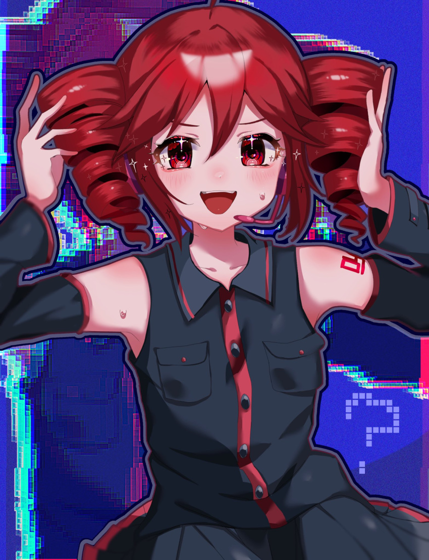 Safebooru - 1girl ? ahoge arms up bare shoulders black skirt black sleeves blue background blush ...