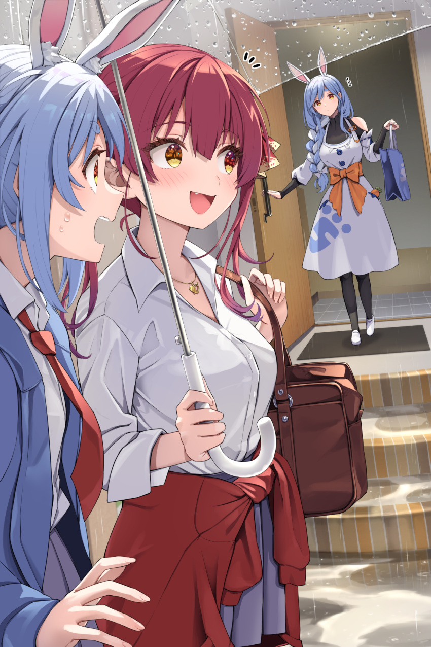 Safebooru - 3girls animal ear fluff animal ears bag blue hair blue jacket blue skirt braid ...