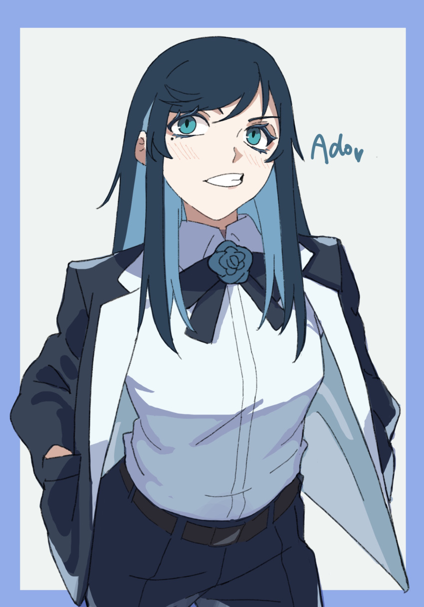 Safebooru - 1girl ado (utaite) belt billyonthestraw blue border blue eyes blue hair blue necktie ...