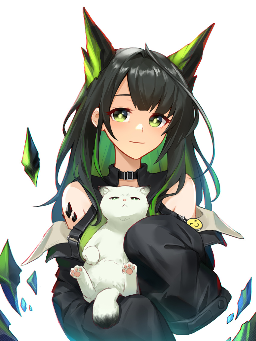 Safebooru - 1girl absurdres ahoge animal arknights bare shoulders black hair cat closed mouth ...