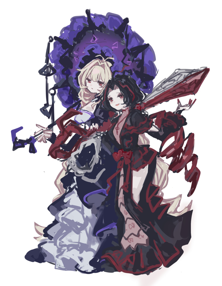 Safebooru - 2girls absurdres ahoge black dress black hair blonde hair bonnet breast ribbon ...