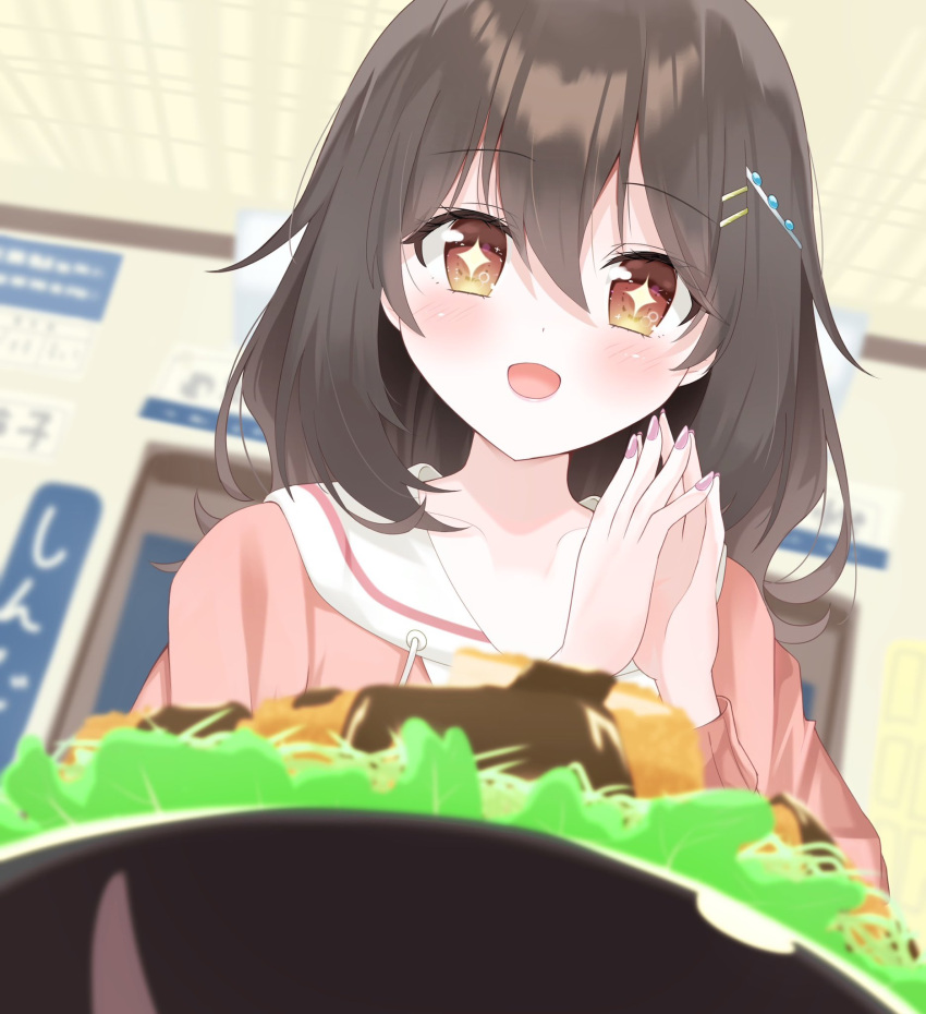 Safebooru - 1girl black hair blush brown eyes cardigan eating food hair ...