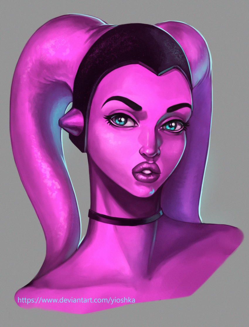 Safebooru - 1girl absurdres alien artist name black choker blue eyes choker colored skin ...