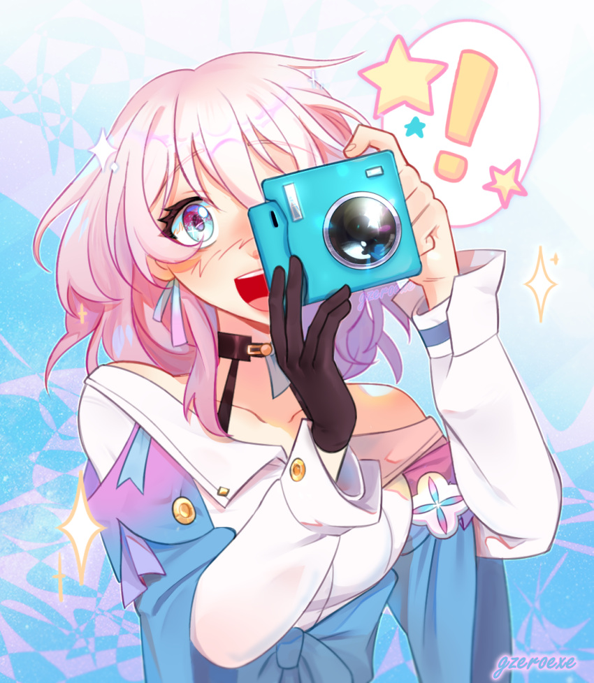 Safebooru - ! 1girl :d artist name black choker black gloves blue eyes blue jacket blue ribbon ...