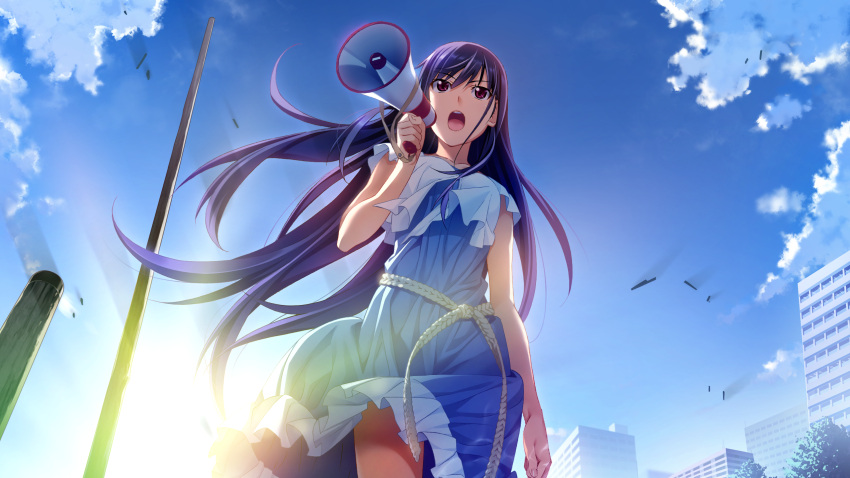 Safebooru - 1girl :o arm at side backlighting belt black hair blue ...
