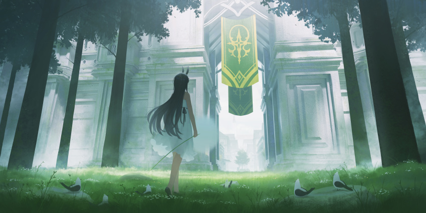 Safebooru - 1girl absurdres animal ears banner bird black hair building ...