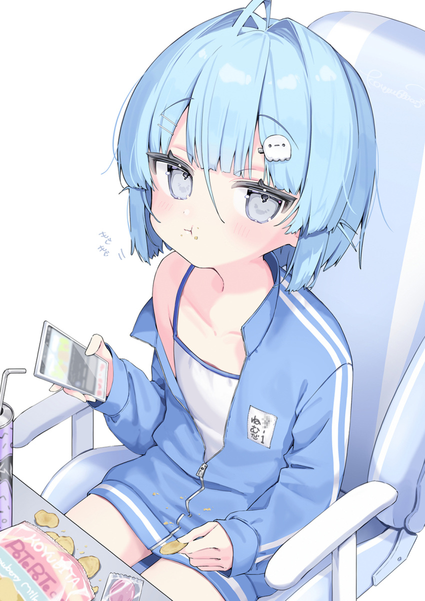 Safebooru - 1girl :t ahoge bag of chips blue eyes blue hair blue jacket camisole cellphone chips ...