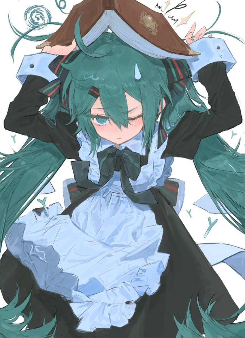 Safebooru - 1girl aqua eyes aqua hair black dress book book on head cowboy shot dress hatsune ...