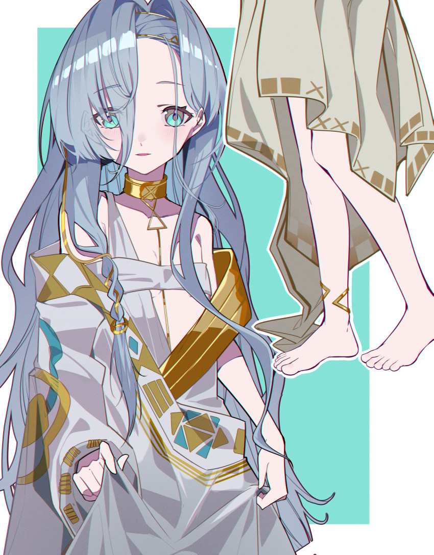 Safebooru - 1girl 37 (reverse:1999) absurdres ancient greek clothes anklet aqua background bare ...