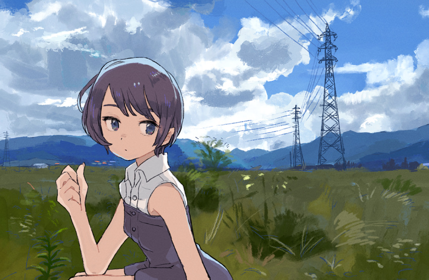 Safebooru - 1girl bare shoulders blue eyes blue sky closed mouth clouds cloudy sky collared ...