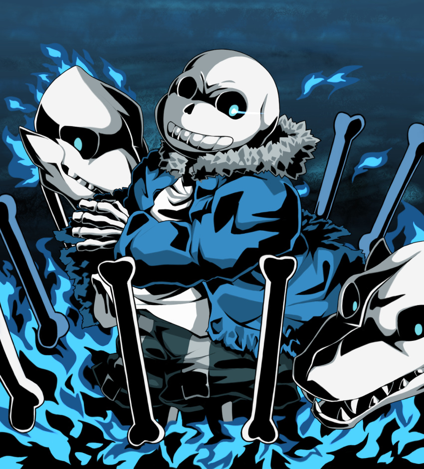 Safebooru - 1boy blue fire bone fire gasterblaster glowing glowing eye ...