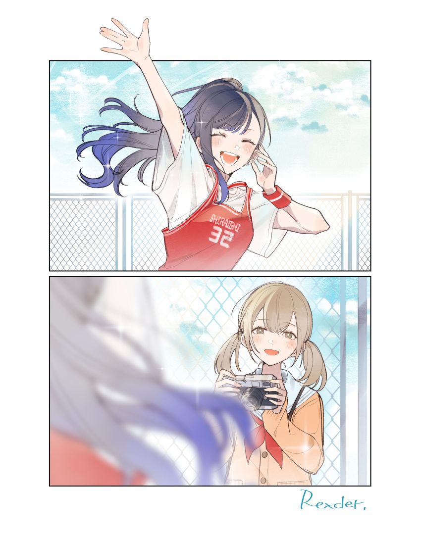 Safebooru - 2girls absurdres arm up azusawa kohane blush brown cardigan brown eyes brown hair ...