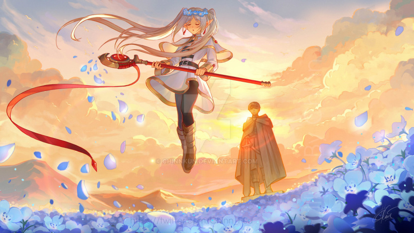 Safebooru - 1boy 1girl belt blue flower boots chinnkun closed eyes ...