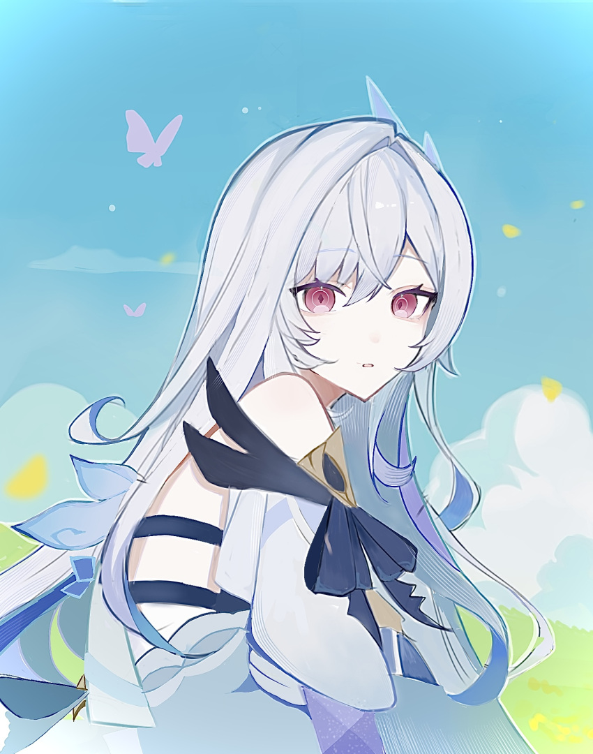 Safebooru - 1girl blue sky bug butterfly clouds detached sleeves dress genshin impact grass grey ...
