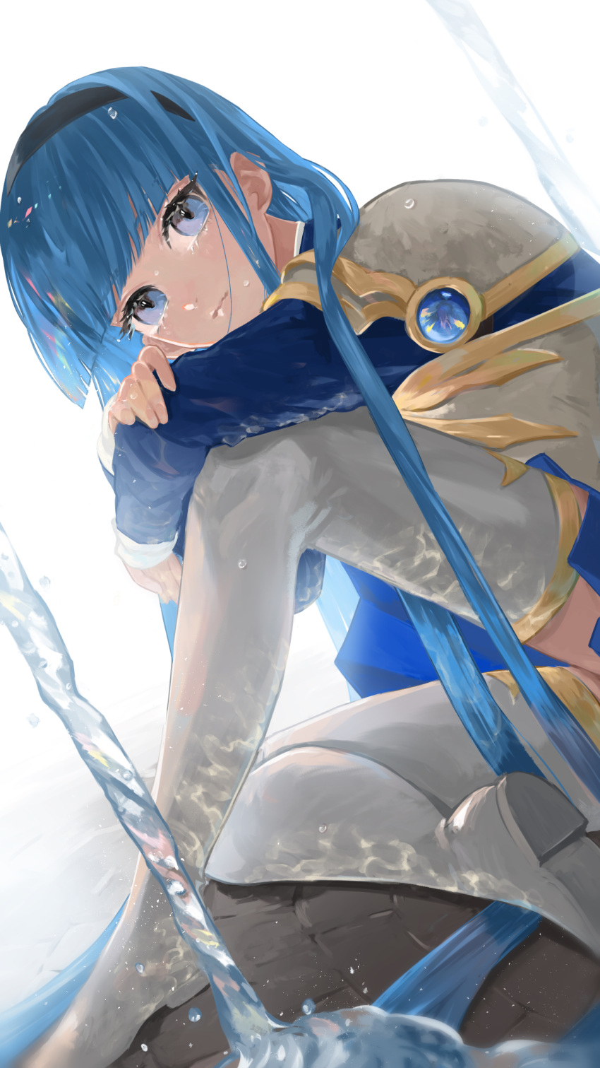 Safebooru - 1girl 58 (scbaby) absurdres blue eyes blue hair blunt bangs boots closed mouth ...