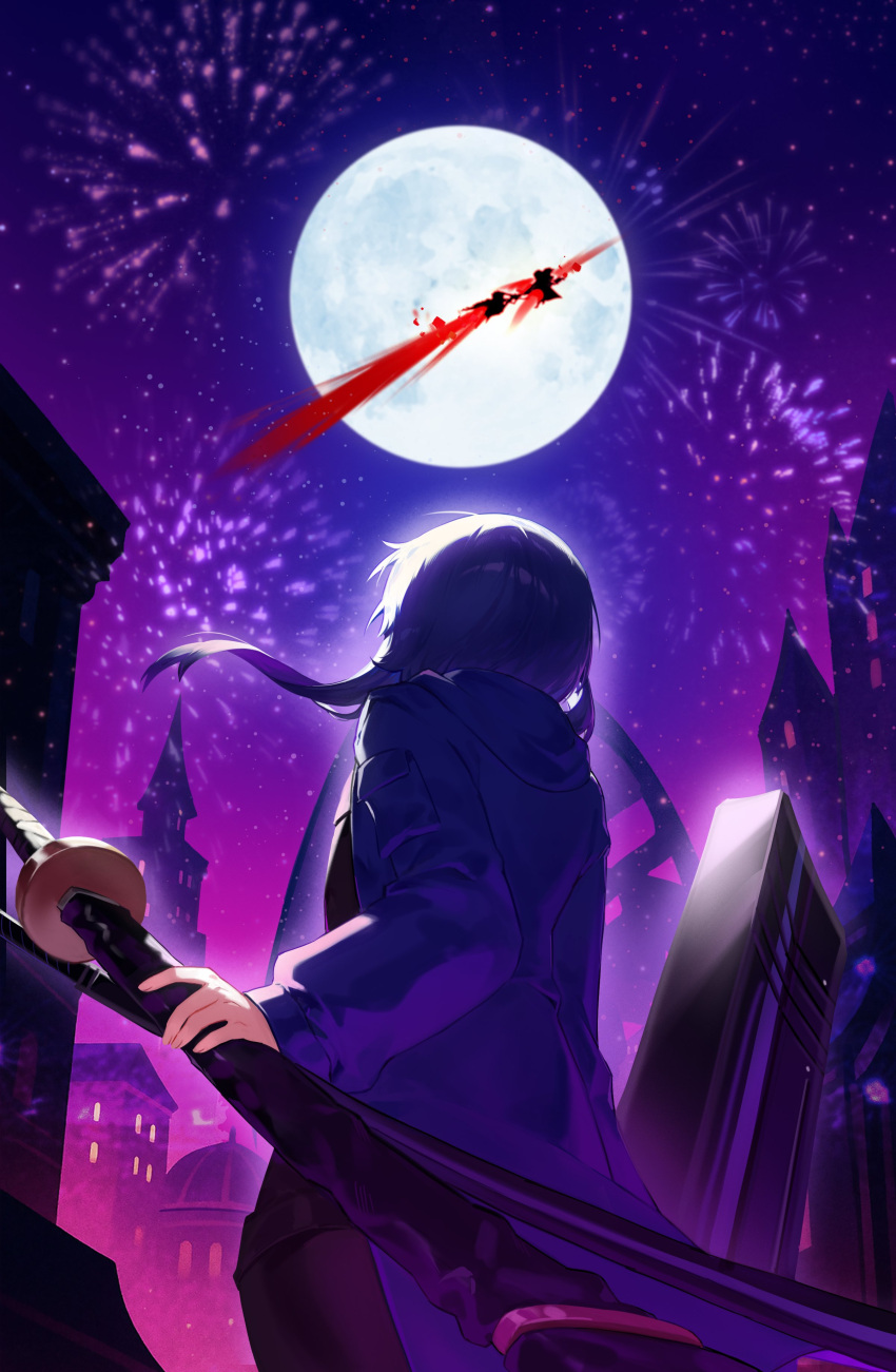 Safebooru - 1boy 2girls absurdres aerial fireworks bari (project moon) blood blood splatter blue ...