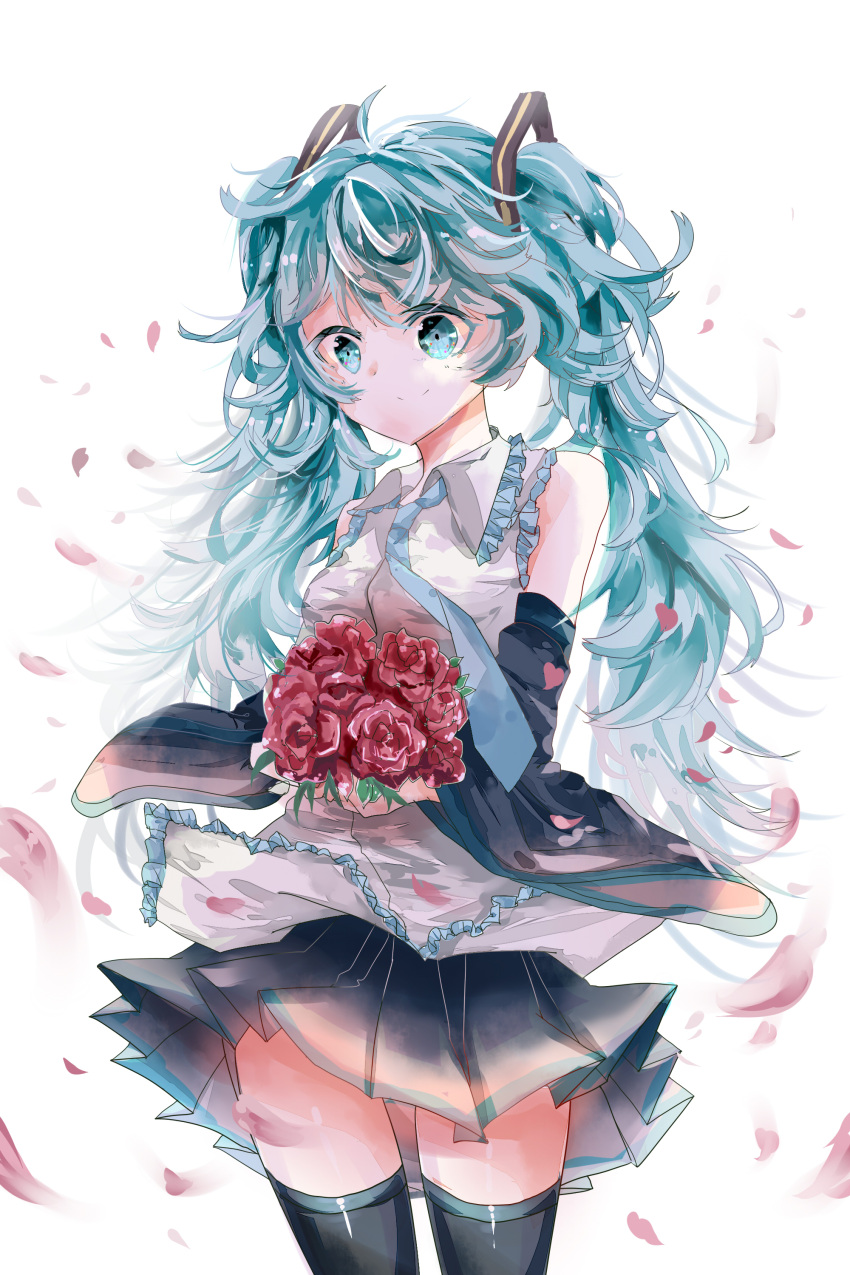 Safebooru - 1girl absurdres aqua eyes aqua hair bouquet detached sleeves flower hatsune miku ...