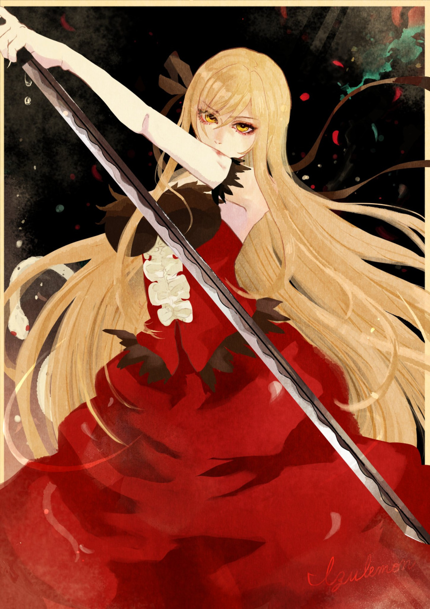 Safebooru - 1girl blonde hair dress elbow gloves feather-trimmed gloves gloves highres holding ...