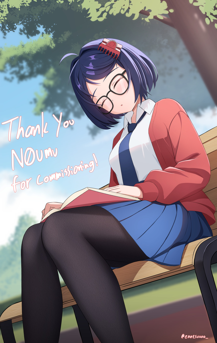 Safebooru - 1girl absurdres ahoge artist name bench black pantyhose blue hair blue necktie blue ...