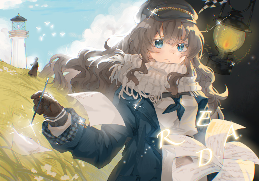 Safebooru - 2girls again nuo blue coat blue eyes blue neckerchief blue sky brown gloves brown ...