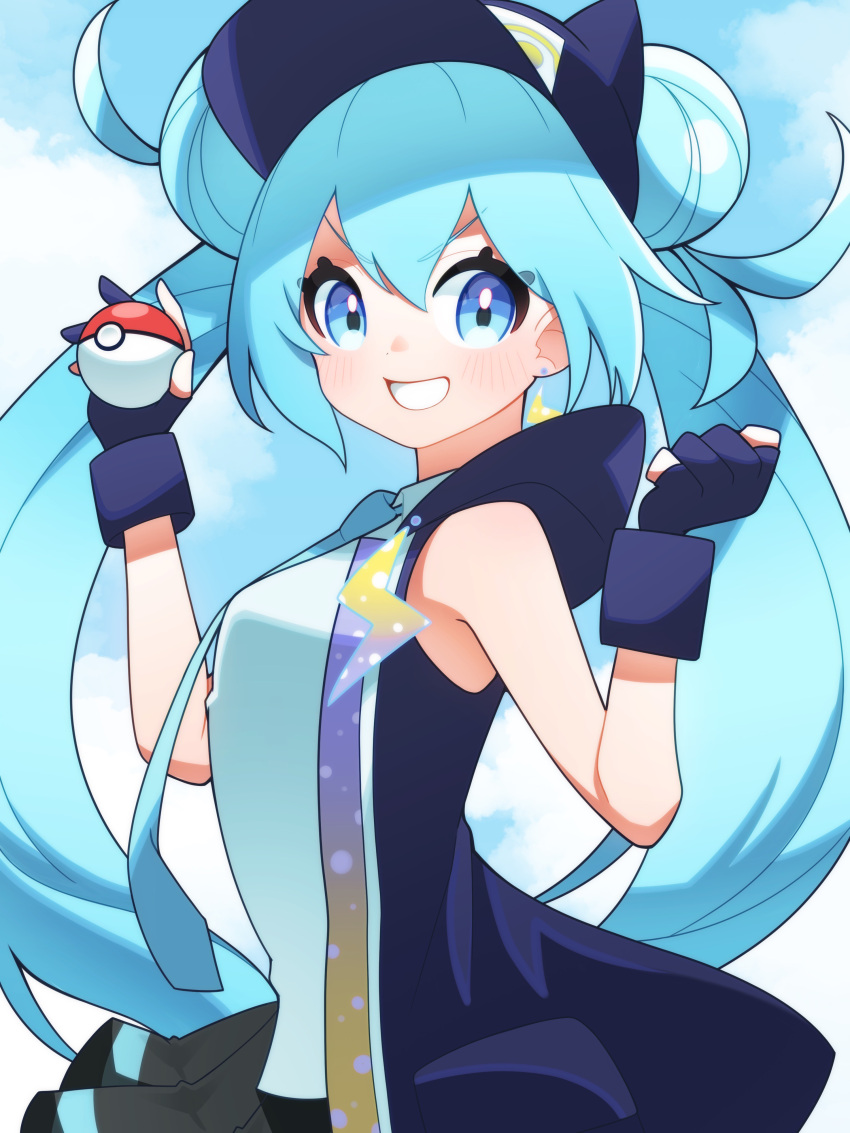 Safebooru - 1girl absurdres aqua hair aqua necktie black skirt blue eyes blue sky blush breasts ...